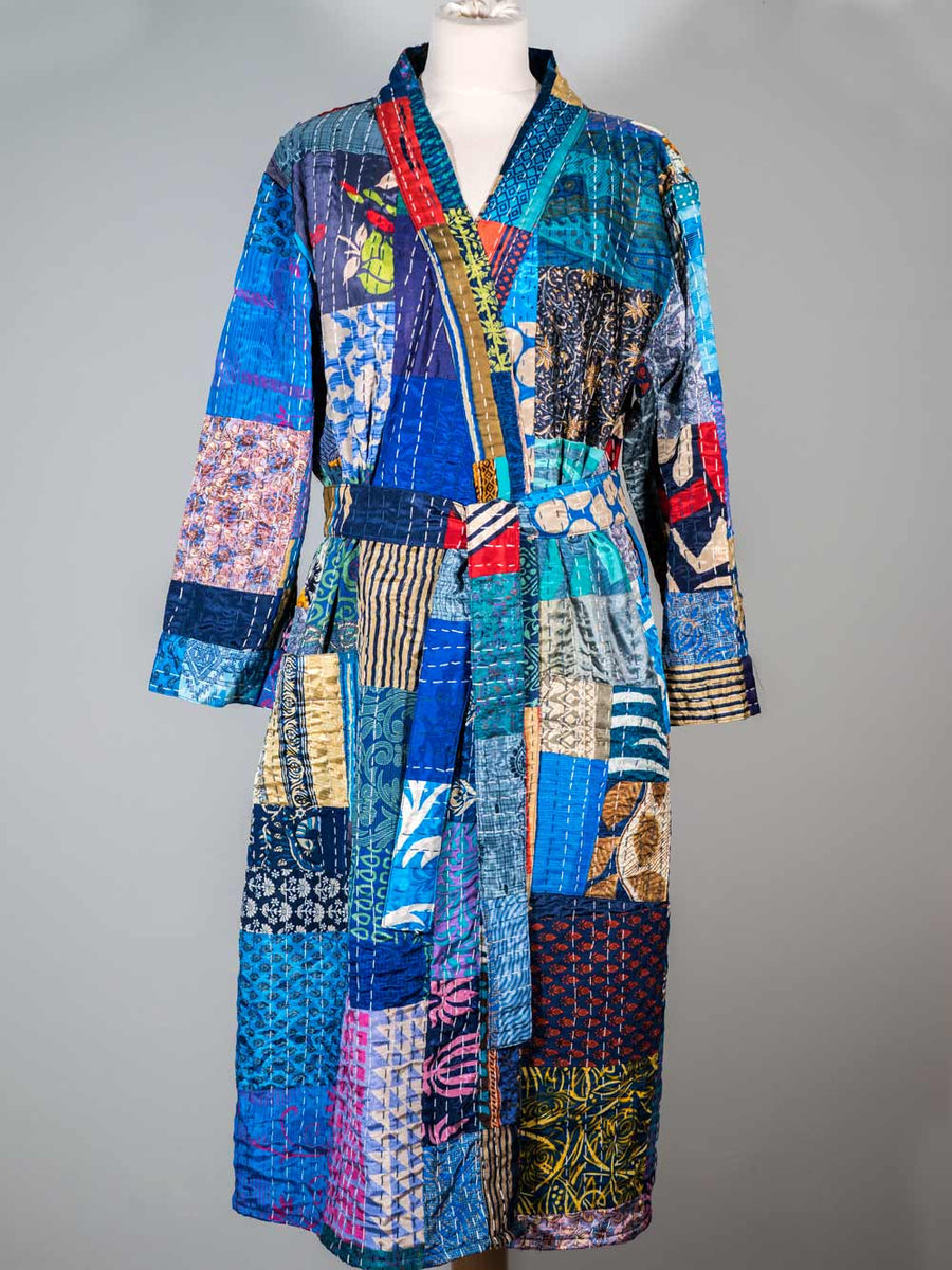 Blue Art Silk Patchwork Dressing Gown | Silk Road Gallery