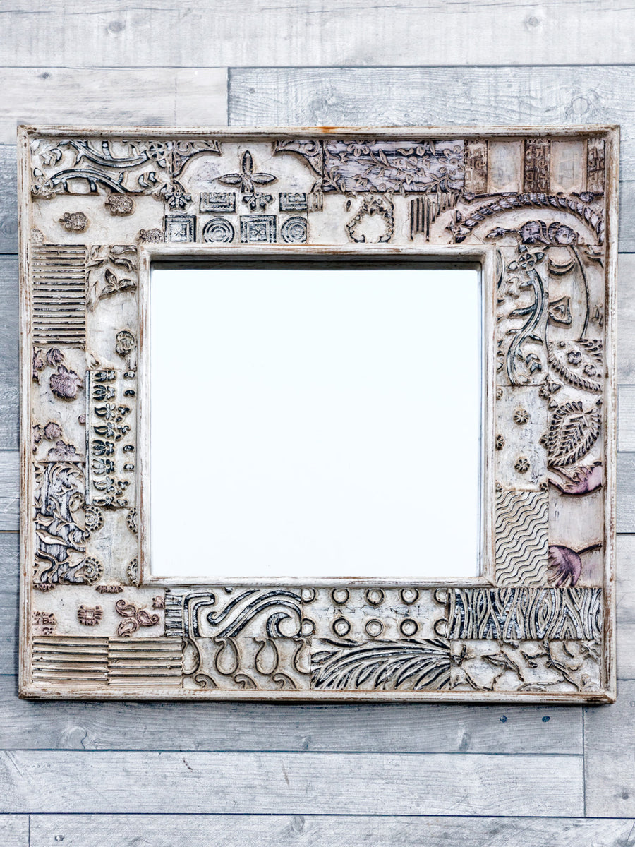 White Washed Carved Printing Block Mirror | Silk Road Gallery