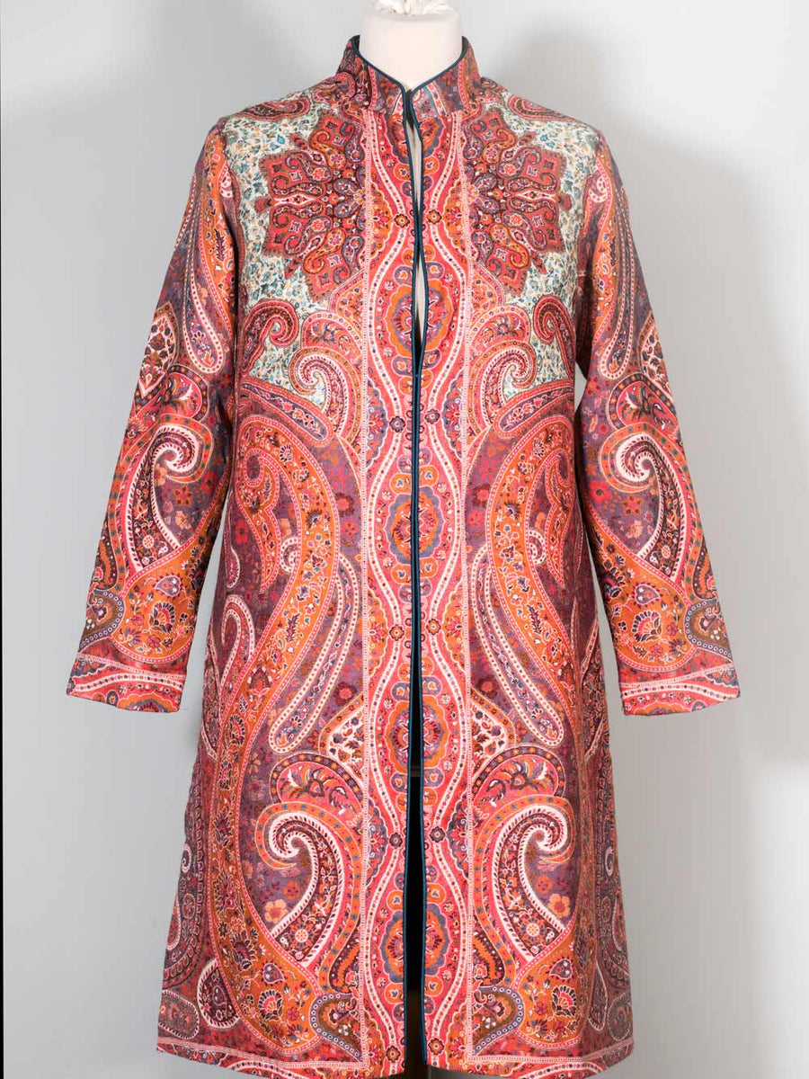 Coral Wool Kani Weave Kashmiri Coat | Silk Road Gallery