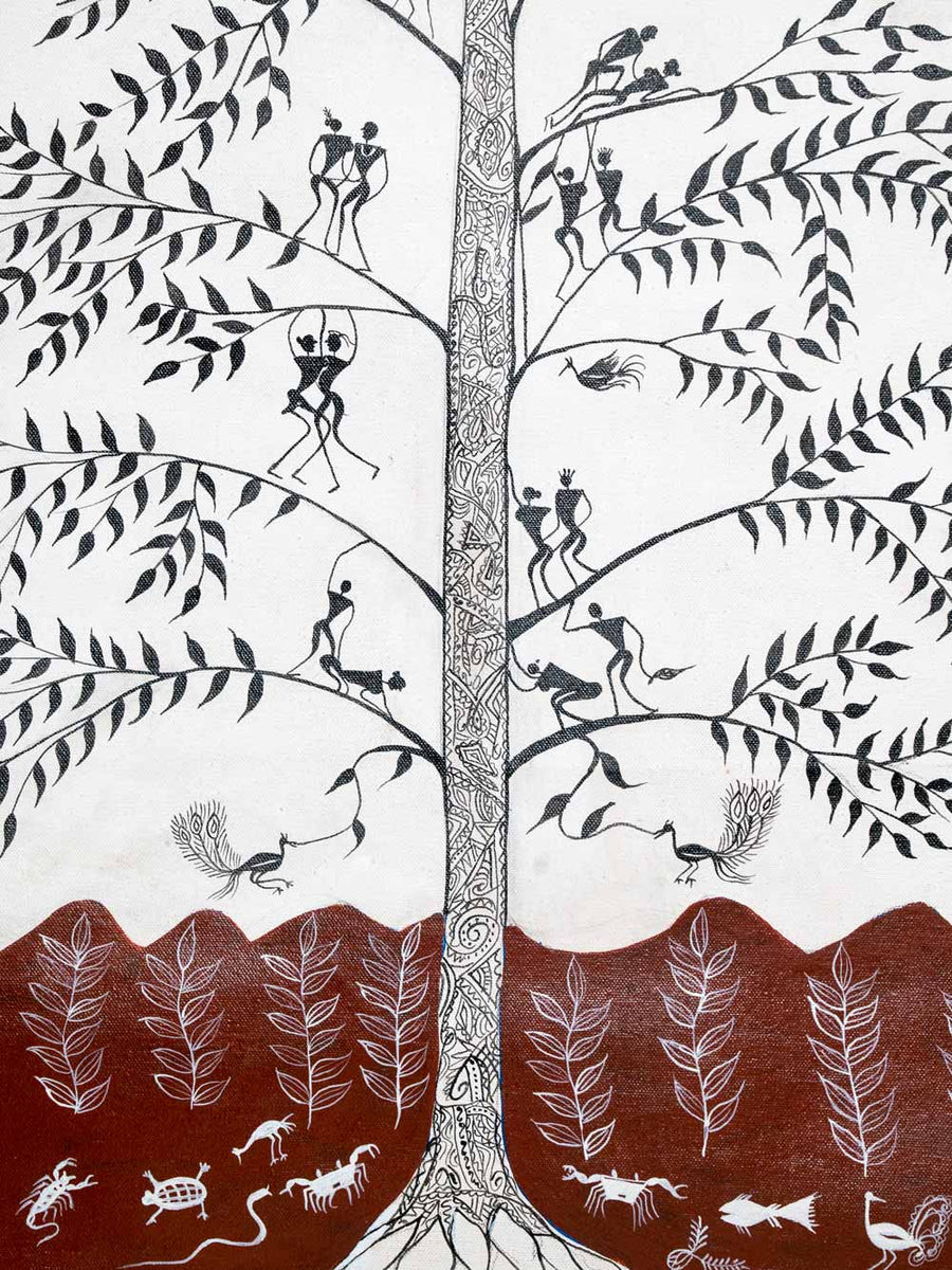 Large Warli Painting of Couples in a Tree | Silk Road Gallery