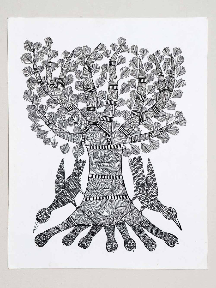 Gond Drawing of Birds, Snakes & a Tree | Silk Road Gallery