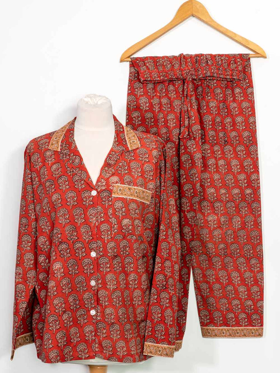 Indian Red Floral Printed Cotton Pyjamas | Silk Road Gallery