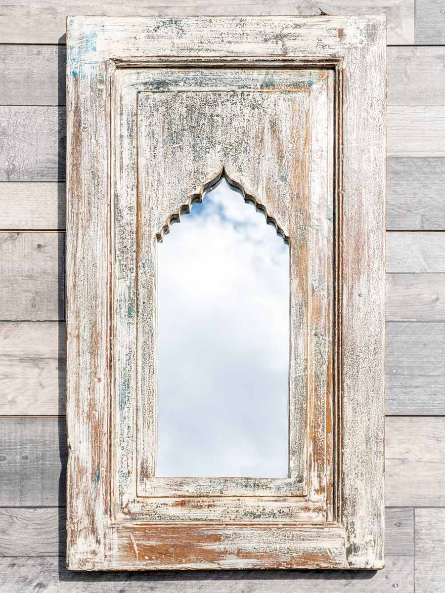 Larger Whitewashed Arched Indian Mirror | Silk Road Gallery