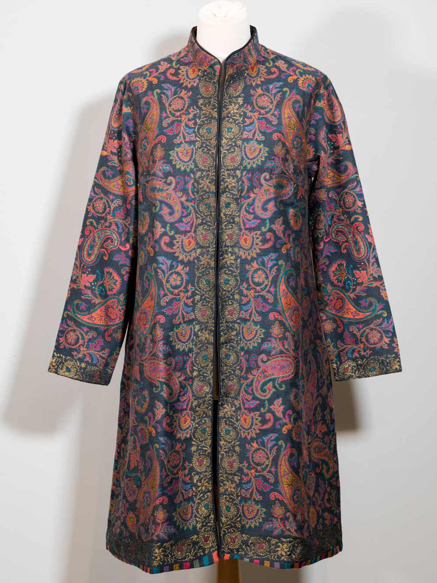 Patterned Navy Wool Kani Weave Kashmiri Coat | Silk Road Gallery