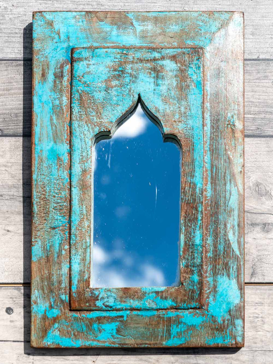 Small Vintage Turquoise Arched Mirror | Silk Road Gallery