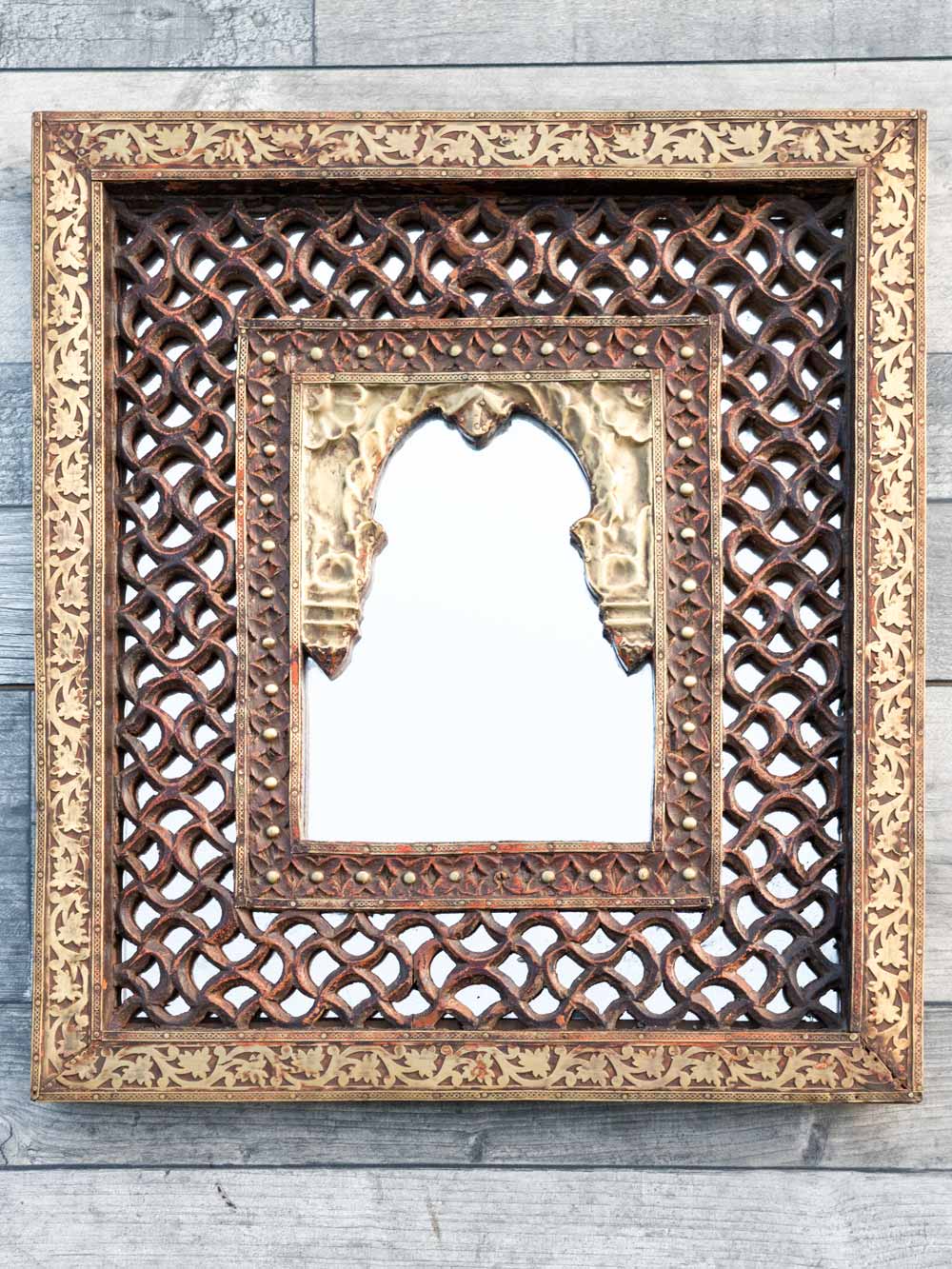 Wood & Brass Indian Jali Mirror | Silk Road Gallery