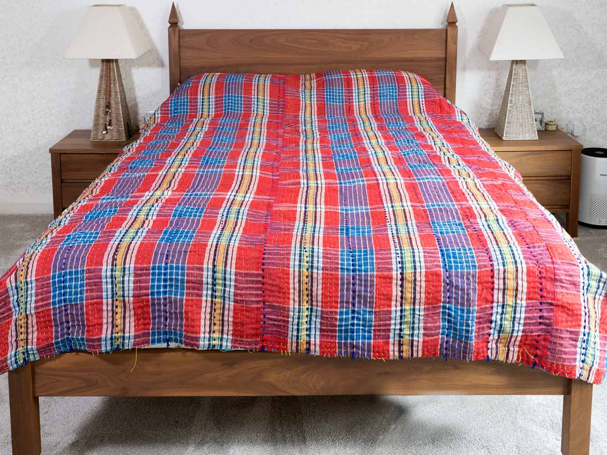 Blue & Red Check Cotton Bedspread | Silk Road Gallery