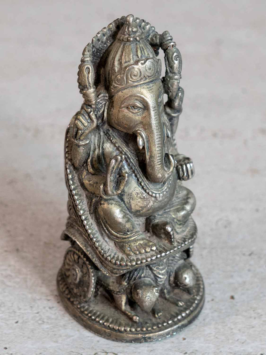 Silver Coloured Ganesh on Mouse Chariot | Silk Road Gallery