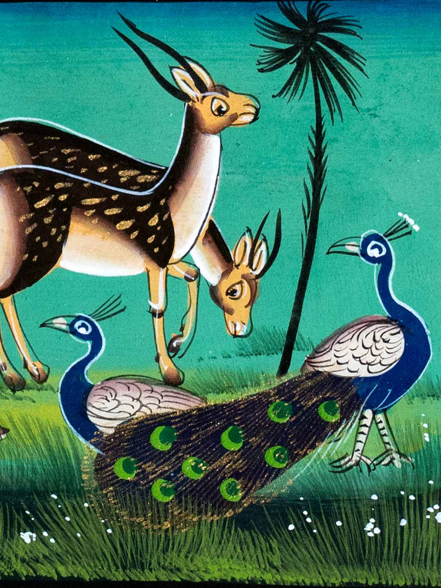 Small Indian Miniature Painting of Deer & Peacocks | Silk Road Gallery