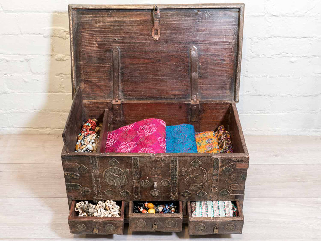Vintage Wooden Indian Dowry Box with Drawers | Silk Road Gallery