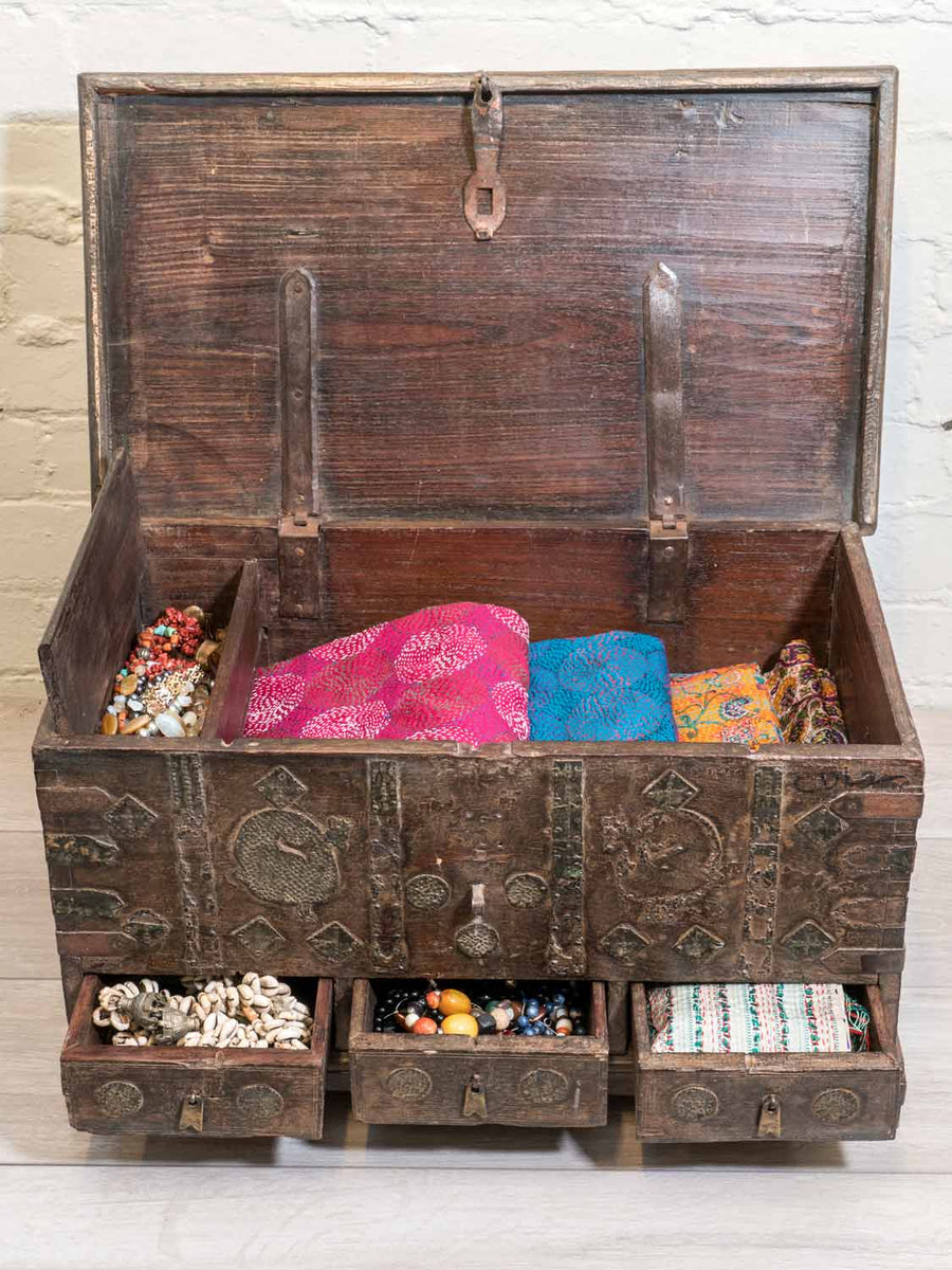Vintage Wooden Indian Dowry Box with Drawers | Silk Road Gallery